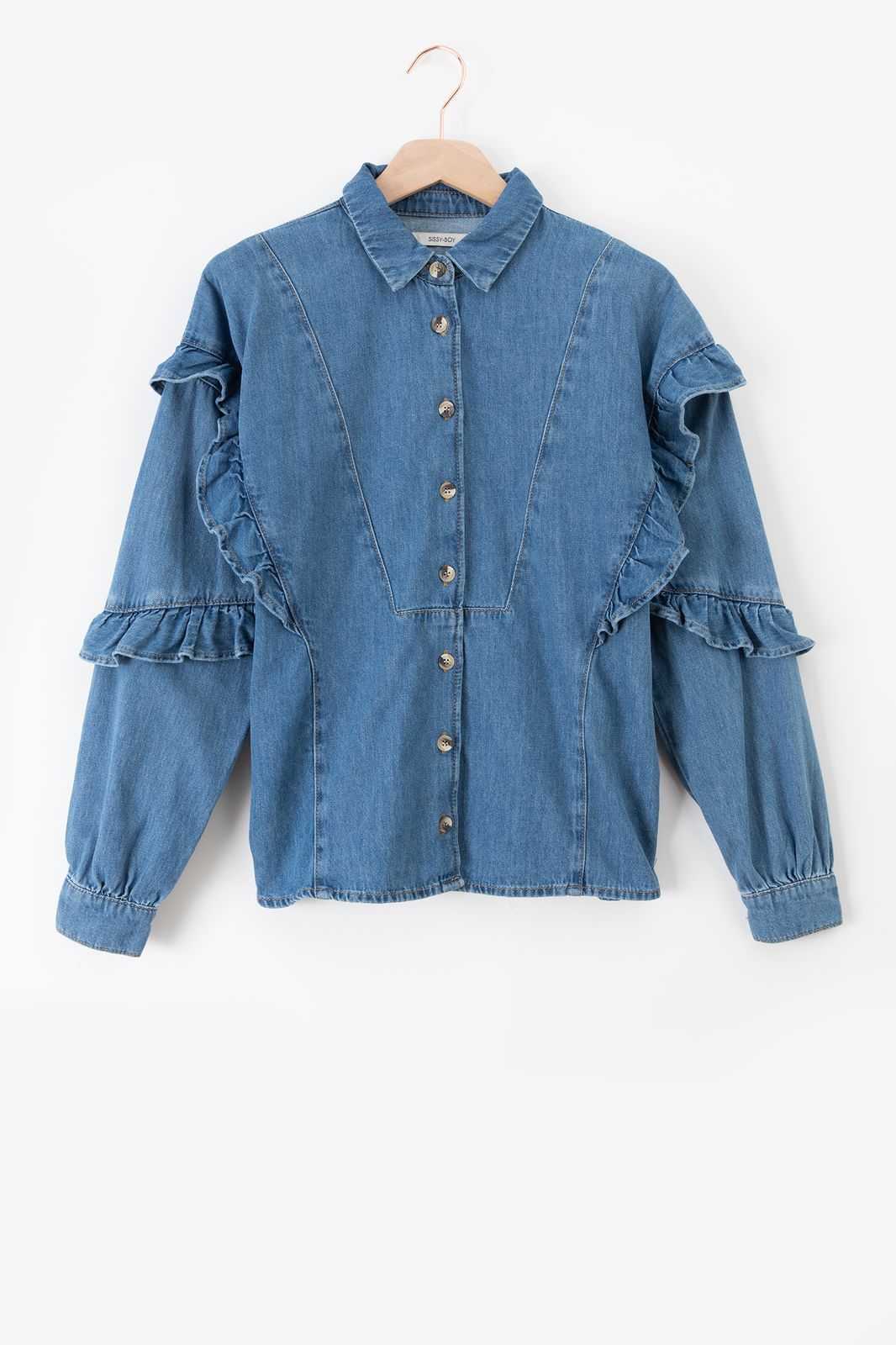 Oversized denim blouse met ruffle details